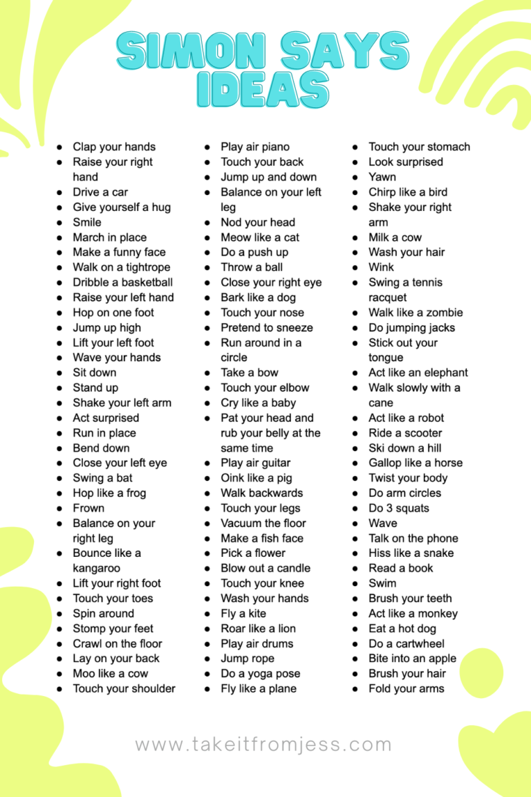 The Ultimate List Of Simon Says Ideas & FREE Printable! - Take It From Jess